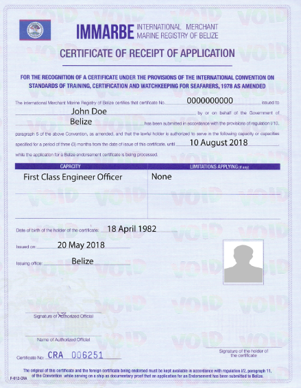 Belize Crew Certificate-Register NU